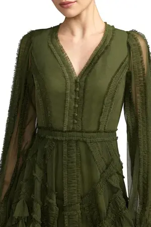 Mac Duggal Long Sleeve V-neck Mesh Micro Ruffle Midi Dress - Olive