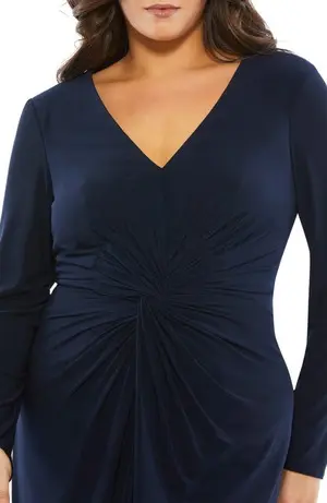 Mac Duggal Front Twist Long Sleeve V-neck Gown