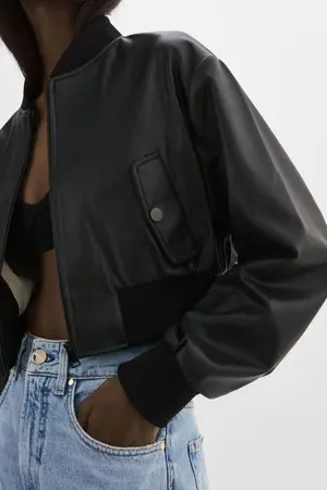 LAMARQUE Evelin Cropped Faux Leather Bomber Jacket - Black