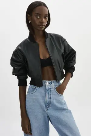 LAMARQUE Evelin Cropped Faux Leather Bomber Jacket - Black