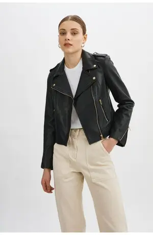 LAMARQUE Donna Gold | Iconic Leather Biker Jacket - Black