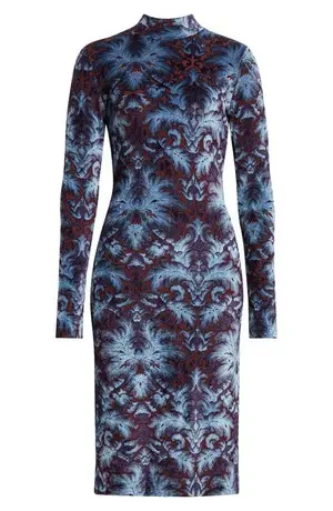 Etro Paisley Burnout Long Sleeve Jersey Dress - Multicolor Blue Base