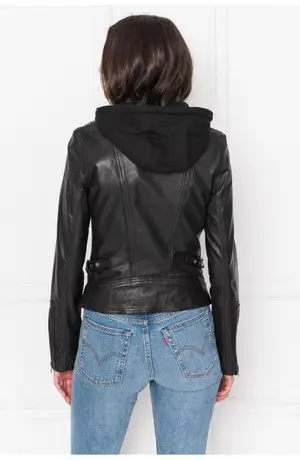 LAMARQUE Arlette Leather Biker Jacket With Removable Hood - Black
