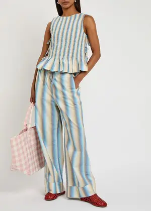 GANNI Ombre Stripe Smocked Cotton-poplin Top - Multicoloured