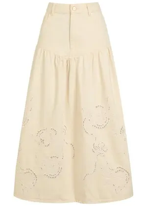 GANNI Embroidered Denim Midi Skirt