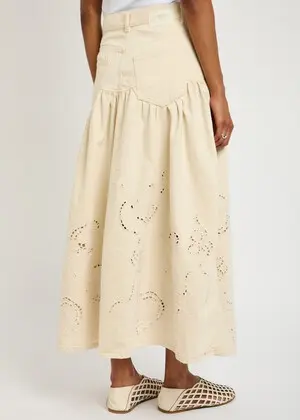 GANNI Embroidered Denim Midi Skirt