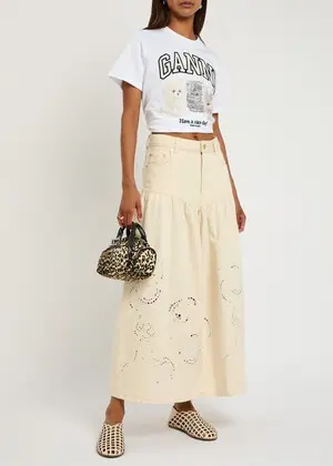 GANNI Embroidered Denim Midi Skirt