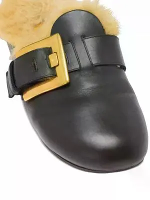 Balmain Faux Fur Leather Mules - Black