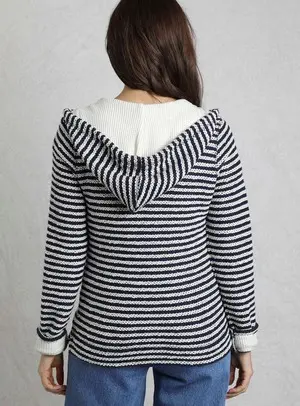 WEIRD FISH Fisher Full Zip Striped Macaroni Hoodie - Ecru