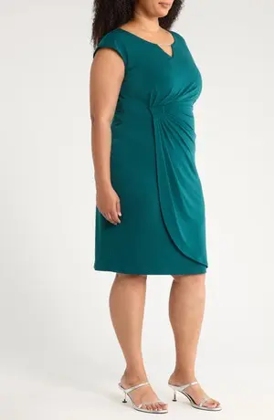 CONNECTED APPAREL Ruched Faux Wrap Cocktail Dress - Deep Spruce