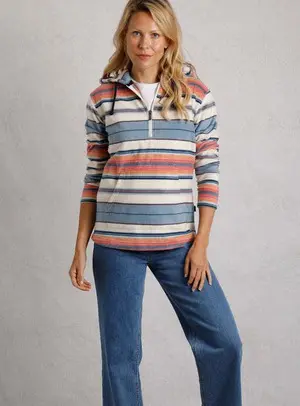 WEIRD FISH Lana 1/4 Zip Stripe Microfleece Hoodie - Ecru