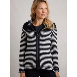 WEIRD FISH Striped Full Zip Macaroni Hoodie - Navy