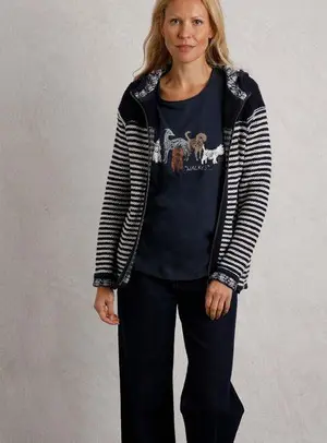WEIRD FISH Striped Full Zip Macaroni Hoodie - Navy