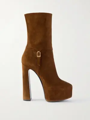 Saint Laurent Nico Buckled Suede Platform Boots - Brown