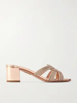 AQUAZZURA Felix 50 Crystal-embellished Mirrored-leather Mules - Rose Gold