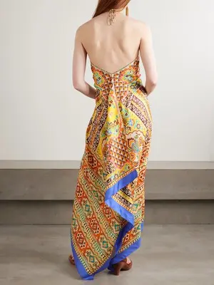 Etro Floral-print Asymmetric Silk-twill Halterneck Dress