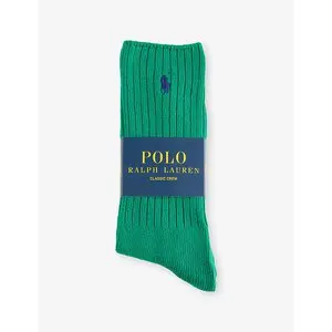 Ralph Lauren Logo-embroidered Ribbed Stretch-cotton Crew Socks - Billiard / Bright Navy