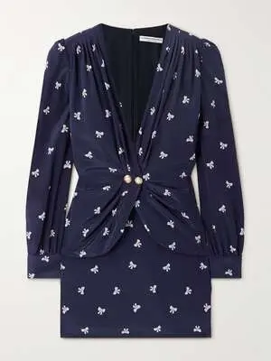 Alessandra Rich Wrap-Effect Embellished Printed Mini Dress Navy