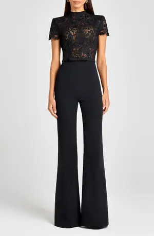NADINE MERABI Harriet Lace Bodice Wide Leg Jumpsuit - Black