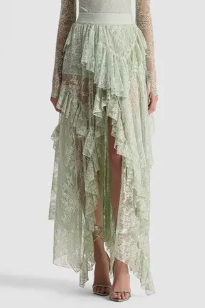 Alice + Olivia Karys Mixed Media Ruffle Lace Midi Skirt - Green