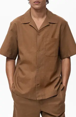 Mango Oversize Cotton & Linen Camp Shirt Tobacco Brown