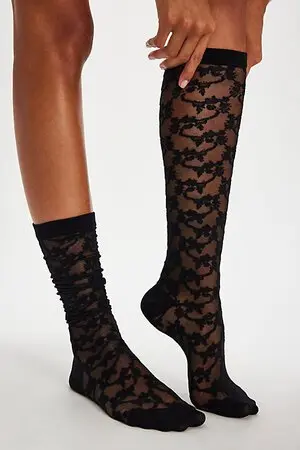 Free People Amour Lace Knee High Socks - Black
