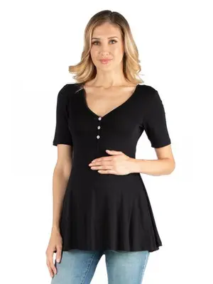 24SEVEN COMFORT APPAREL Maternity Elbow Sleeve Tunic Top With Button Detail - Black