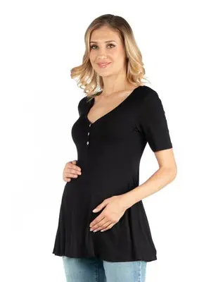24SEVEN COMFORT APPAREL Maternity Elbow Sleeve Tunic Top With Button Detail - Black