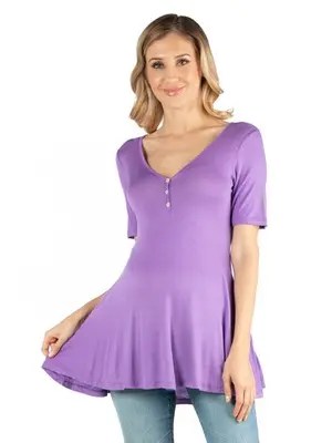 24SEVEN COMFORT APPAREL Maternity Elbow Sleeve Tunic Top With Button Detail - Lilac
