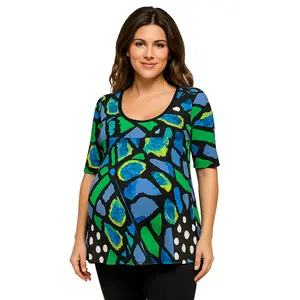 24SEVEN COMFORT APPAREL Maternity Butterfly Print Elbow Sleeve Tunic Top - Blue Multi