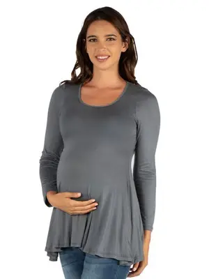24SEVEN COMFORT APPAREL Maternity Long Sleeve Swing Tunic Top - Charcoal