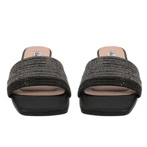 LADY COUTURE Rhinestone Straps Slide With Jewel Heel - Black Multi