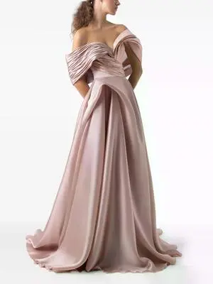 GABY CHARBACHY Pleated Off-shoulder Evening Gown