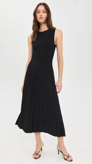 Staud Elyse Ribbed Waist Pleated Knit Dress - Black