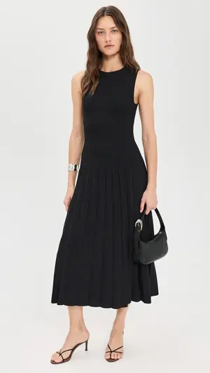 Staud Elyse Ribbed Waist Pleated Knit Dress - Black