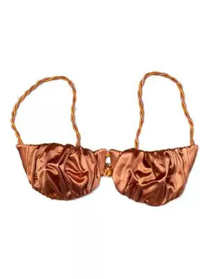 ISA BOULDER Twisted-strap Satin Bikini Top - Brown