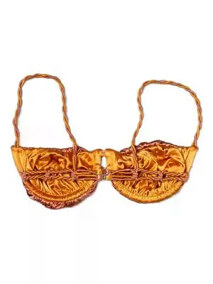 ISA BOULDER Twisted-strap Satin Bikini Top - Brown