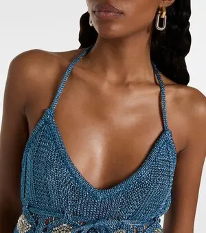 Rabanne Embellished Crochet Halter Top - Blue