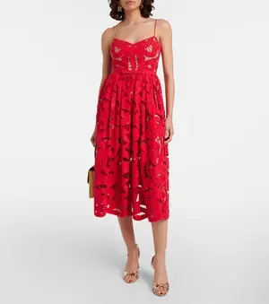 SELF-PORTRAIT Bow Lace Linen And Cotton Midi Dress - Red