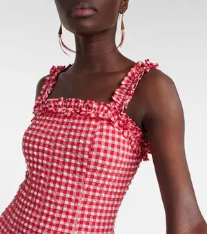 GANNI Seersucker Ruffled Mini Dress - Red