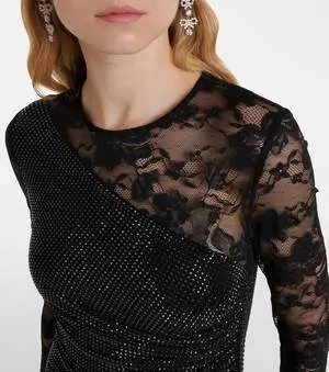 SELF-PORTRAIT Rhinestone Lace-trimmed Gown - Black