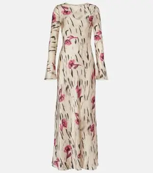 GANNI Floral Open-back Satin Maxi Dress - Beige