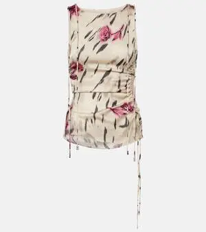 GANNI Floral Ruched Satin Top - Beige