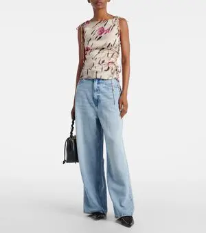 GANNI Floral Ruched Satin Top - Beige