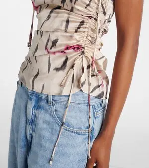 GANNI Floral Ruched Satin Top - Beige