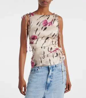 GANNI Floral Ruched Satin Top - Beige