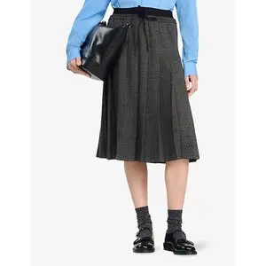 Sandro Drawstring-waist Pleated Checked Midi Skirt