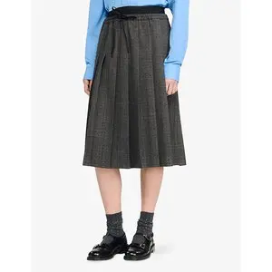 Sandro Drawstring-waist Pleated Checked Midi Skirt