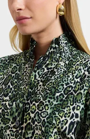 Foxcroft Carolina Leopard Print Cotton Sateen Shirt - Basil Green/ Multi