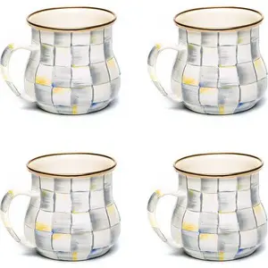 MACKENZIE-CHILDS Sterling Check Set Of 4 Enameled Steel Mugs - Grey/ White